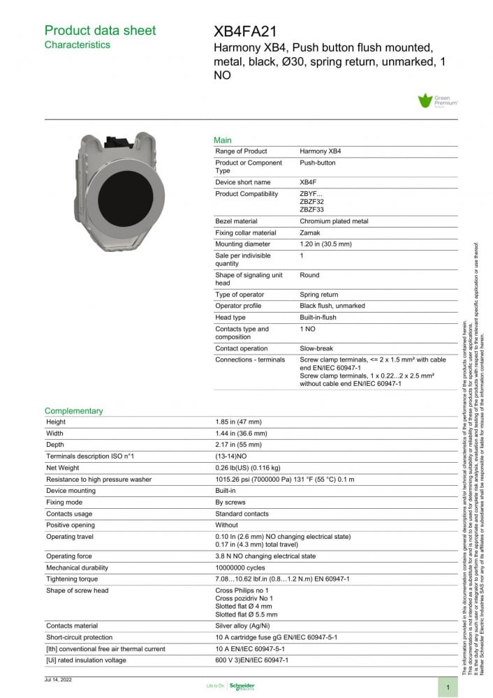 XB4FA21 technical document page 1