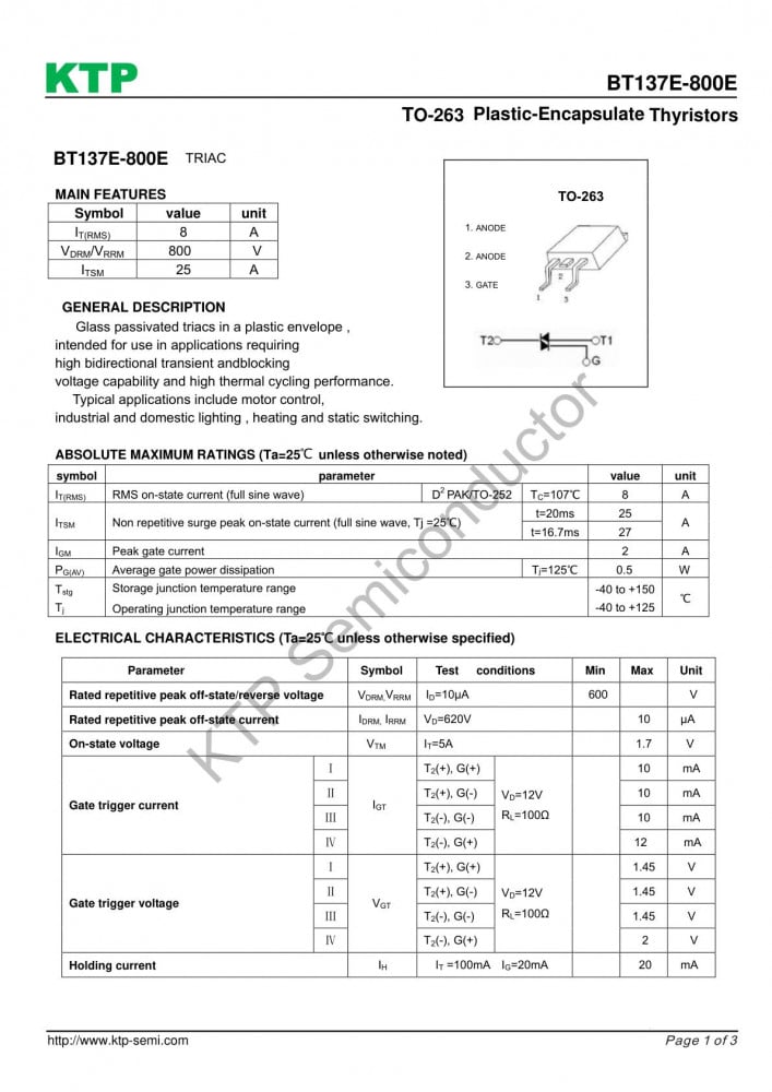 BT137E-800E datasheet page 1