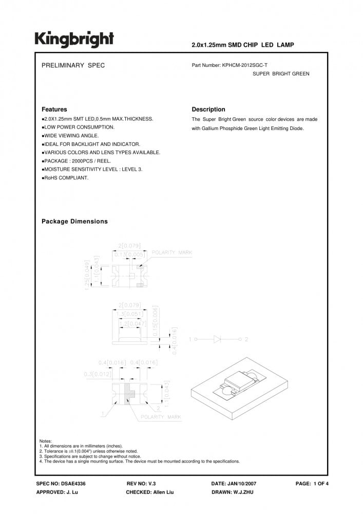 KPHCM-2012SGC-T datasheet page 1