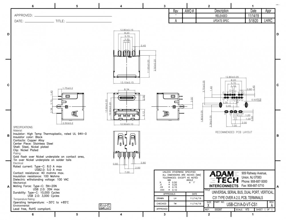 ADAM TECH USB-C31-A-D-VT-CS1 technical drawing preview