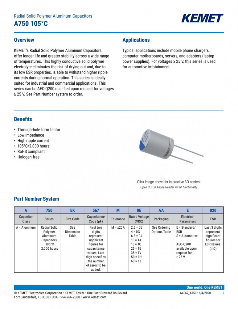 KEMET A750 datasheet page 1