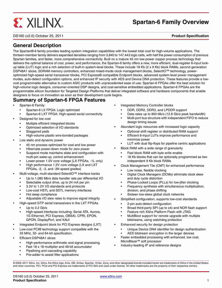 Spartan-6 datasheet page 1