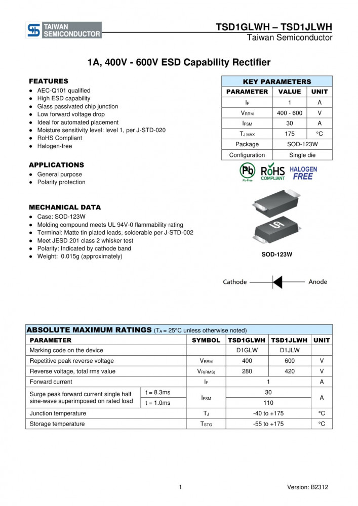 TSD1JLWH datasheet page 1