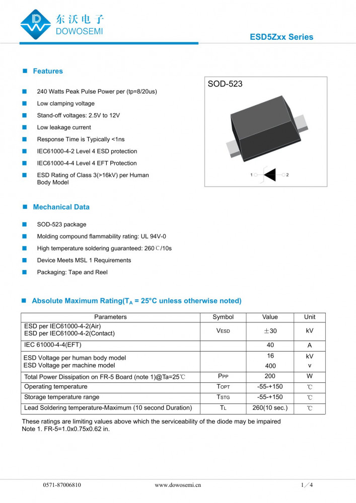 ESD5Z5.0 datasheet page 1