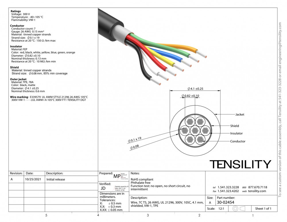 Tensility International 30-02454 cable specification drawing
