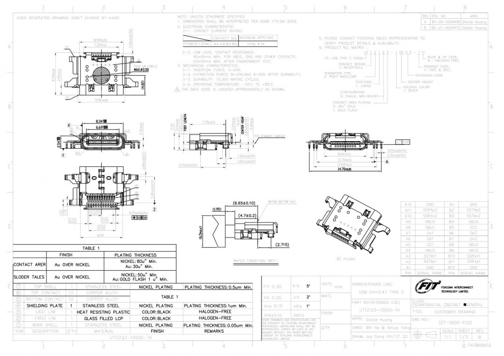 FOXCONN UT12123-10500-7H customer drawing page 1