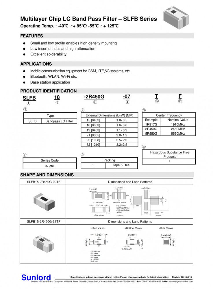 Sunlord SLFB filter datasheet page 1