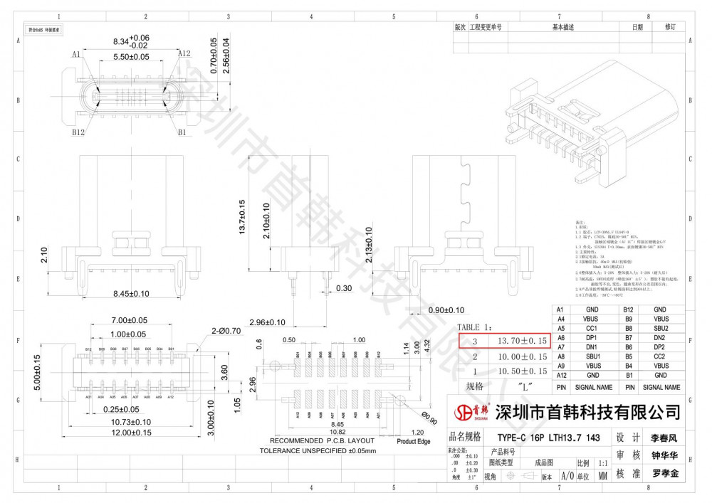 TYPE-C 16P LTH13.7 143 specification page 1