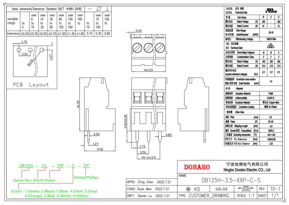 DB125H-3.5-2P-GN-S technical document page