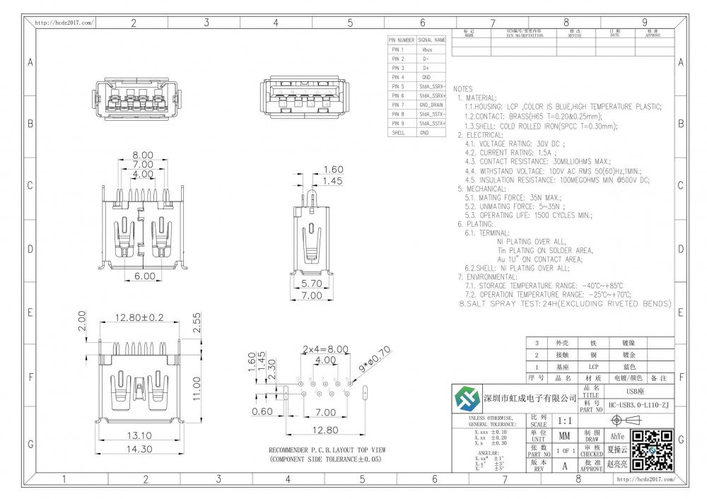 HC-USB3.0-L110-ZJ technical drawing
