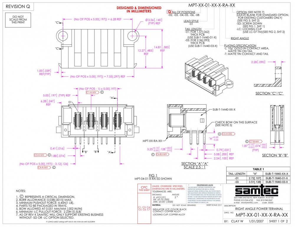 Samtec MPT right-angle power terminal drawing page 1