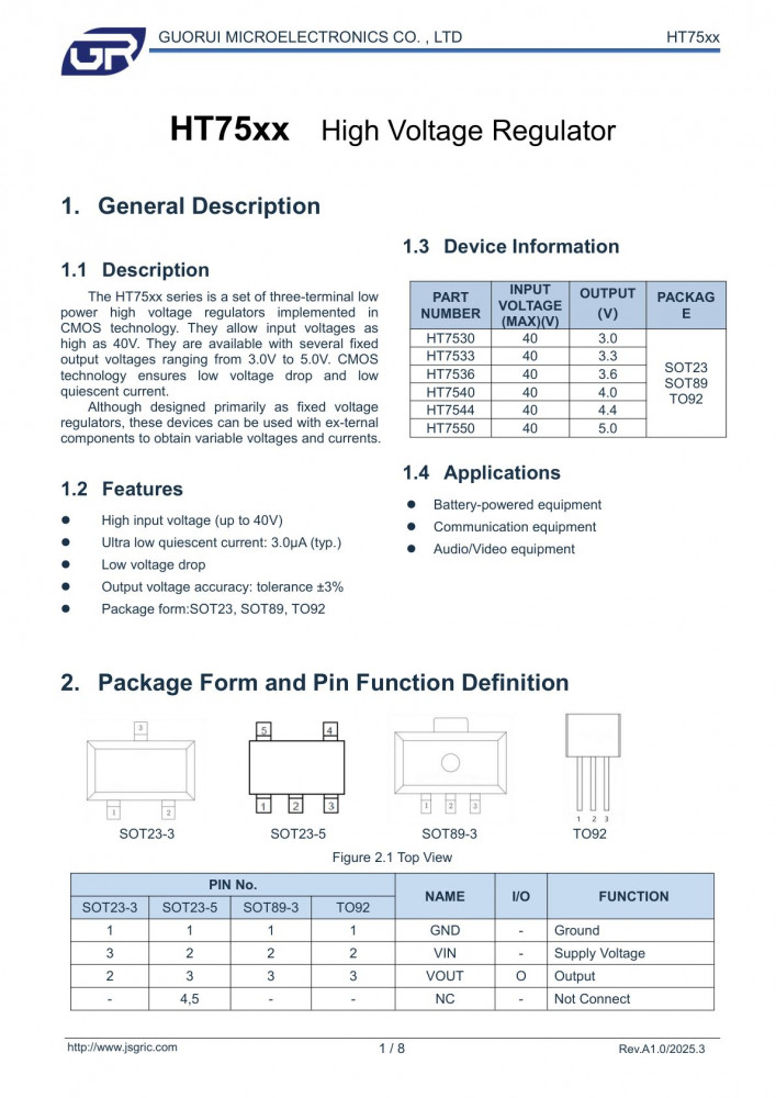 HT7550 datasheet page 1