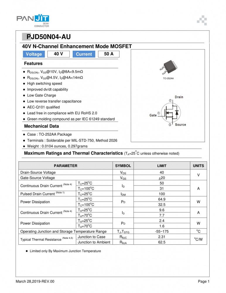 PANJIT PJD50N04-AU datasheet page 1