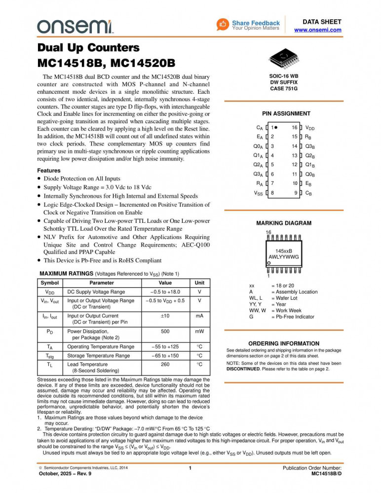 MC14518B datasheet page 1