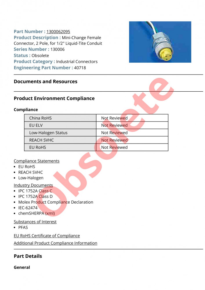 Product document page 1 for MOLEX 1300062095
