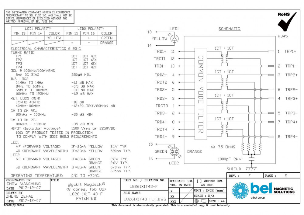 Bel Fuse L826-1X1T-43-F technical drawing page 1