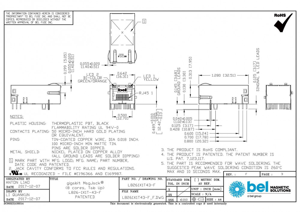 Bel Fuse L826-1X1T-43-F technical drawing page 2
