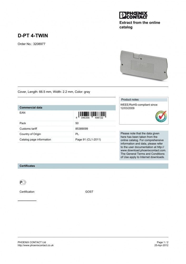 Phoenix Contact D-PT 4-TWIN 3208977 technical document