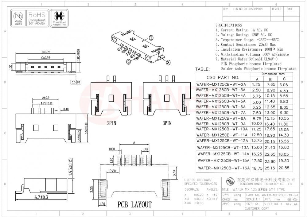 Hanbo Electronic WAFER MX 1.25 technical drawing page 3