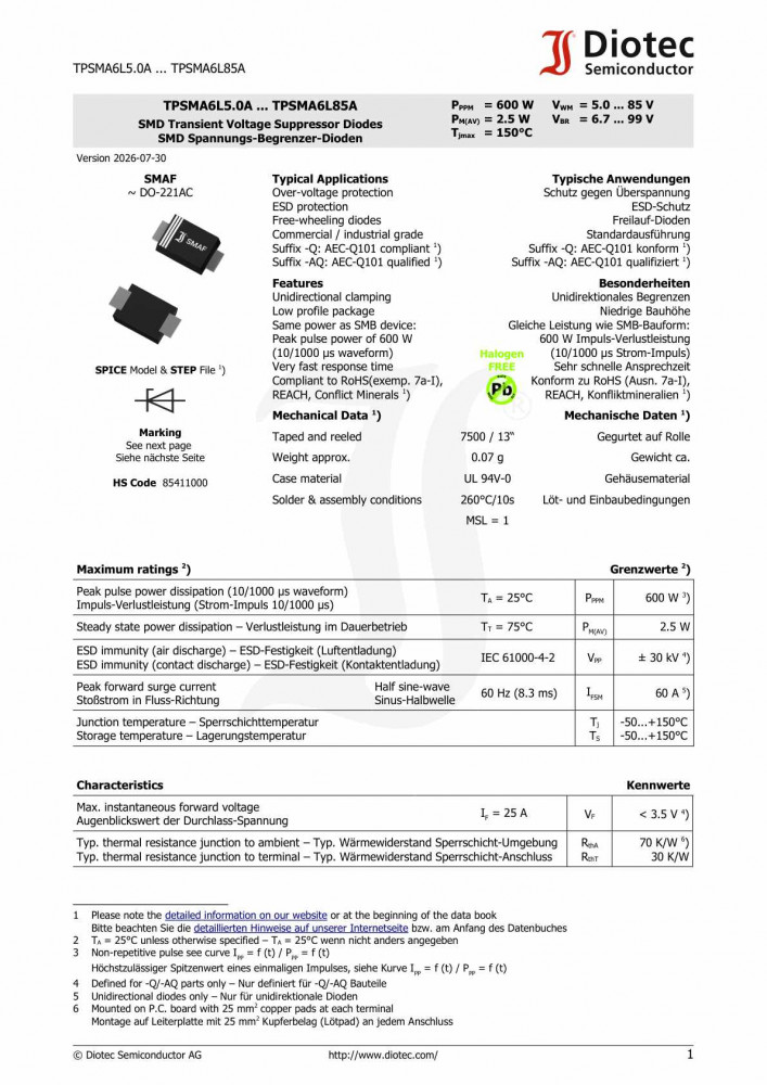 DIOTEC TPSMA6L series datasheet, page 1