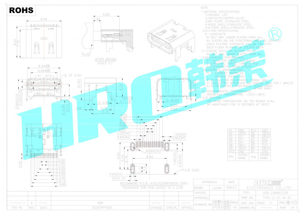 TYPE-C-31-M-41 USB connector technical drawing