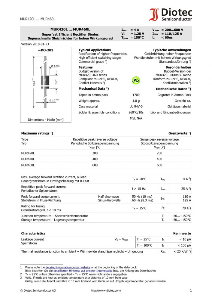 DIOTEC MUR420L to MUR460L datasheet page 1