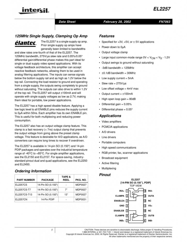 EL2257CN-02 datasheet page 1