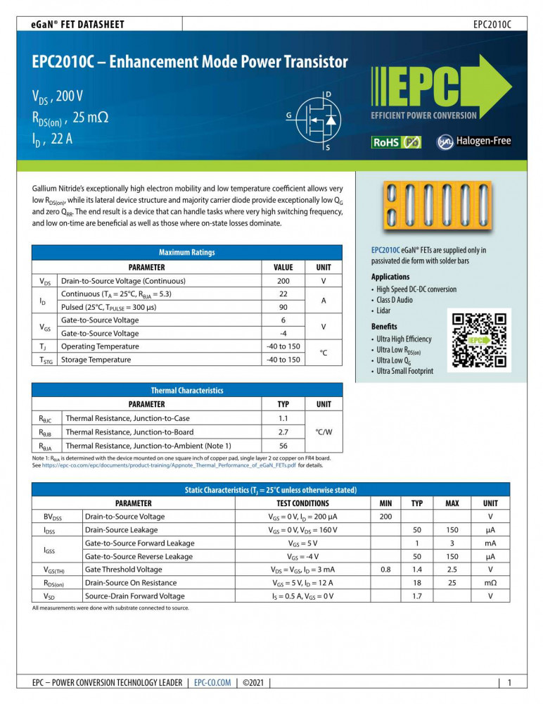 EPC2010C technical document page 1