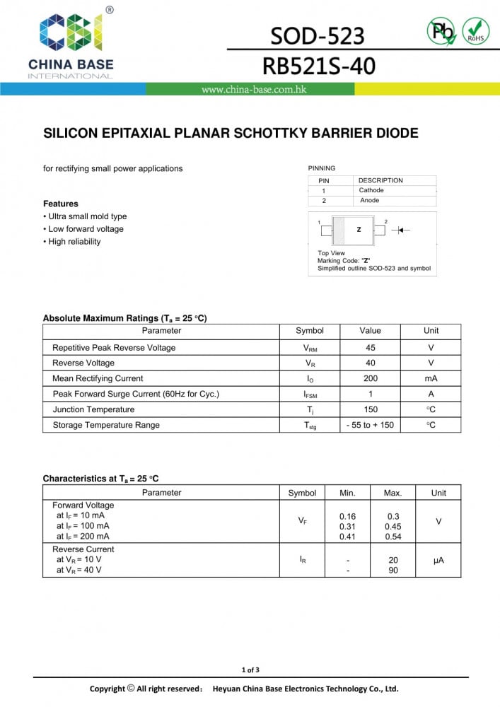 RB521S-40 datasheet page 1