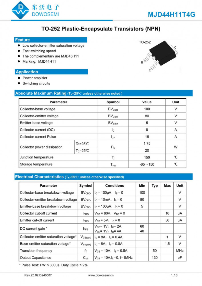 MJD44H11T4G-DW technical document page 1