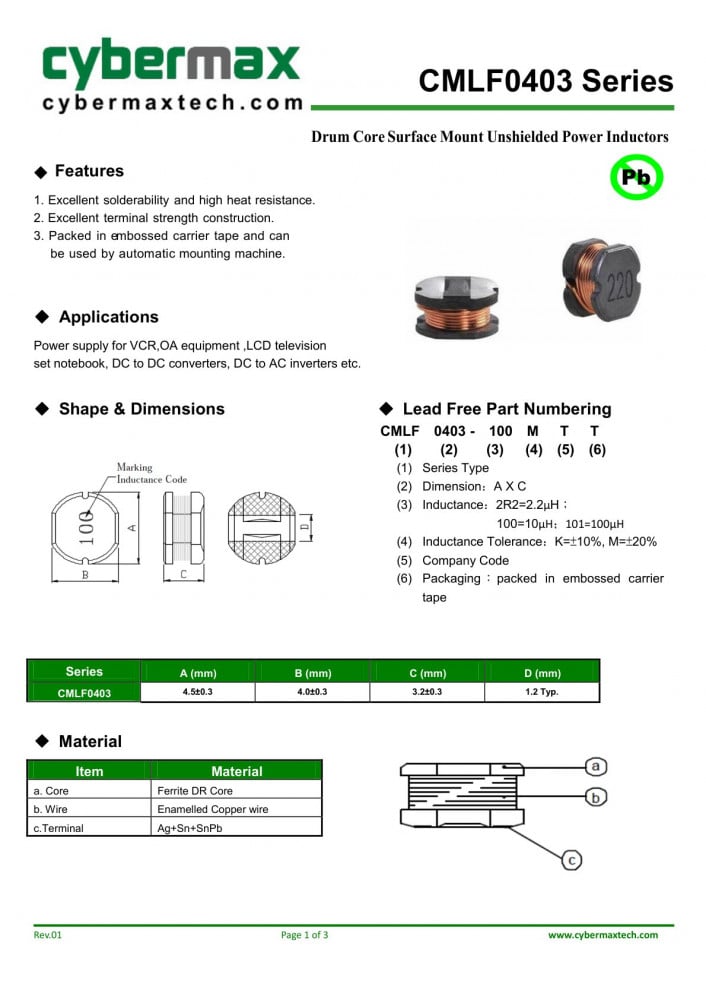 Cybermax CMLF0403 series datasheet page 1