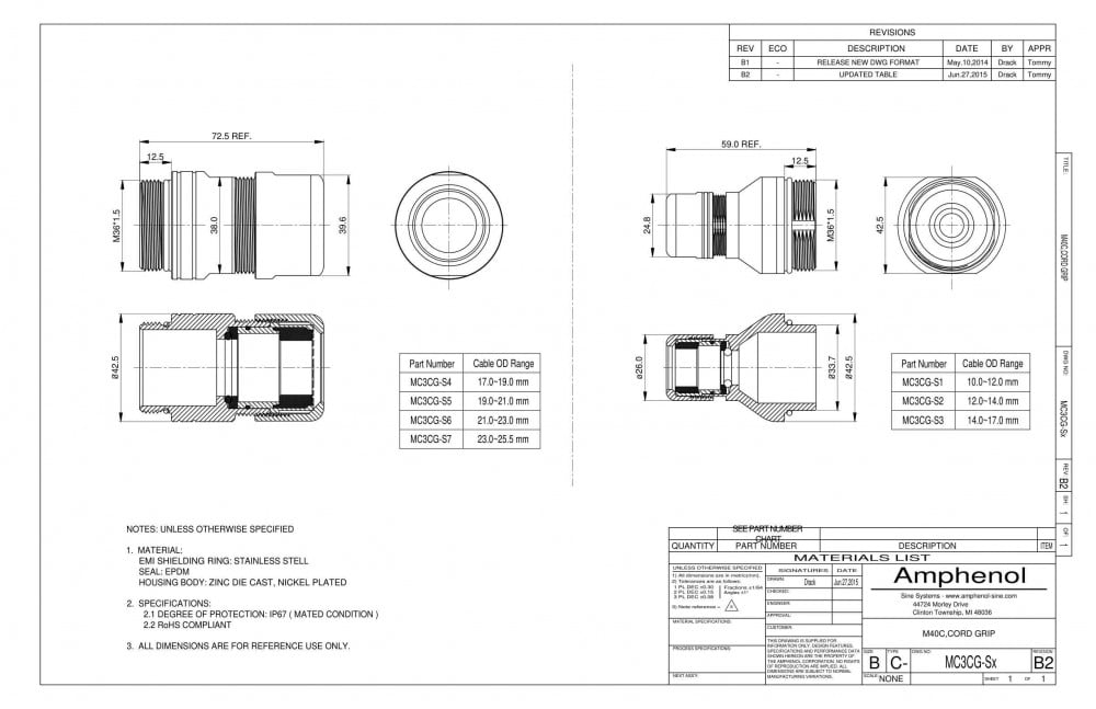 Amphenol MC3CG-S6 technical drawing page