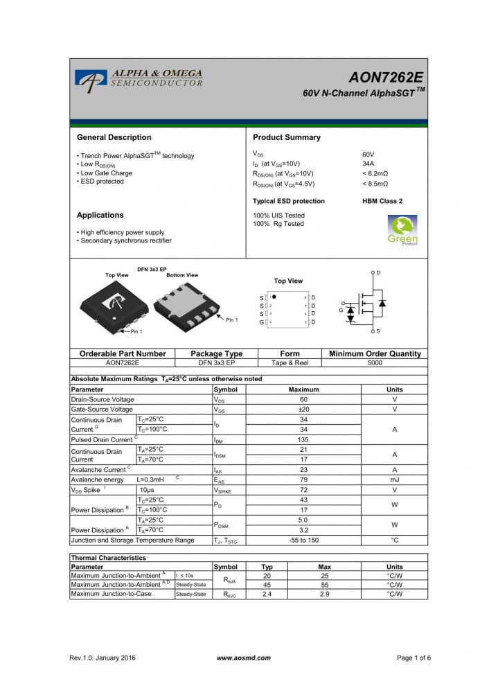 AON7262E datasheet page 1