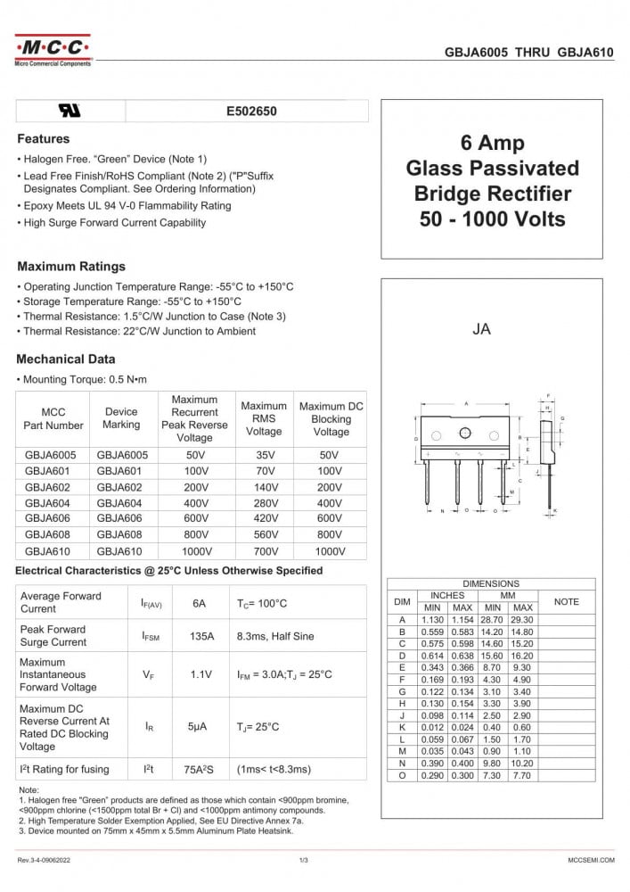 GBJA610-BP datasheet page 1