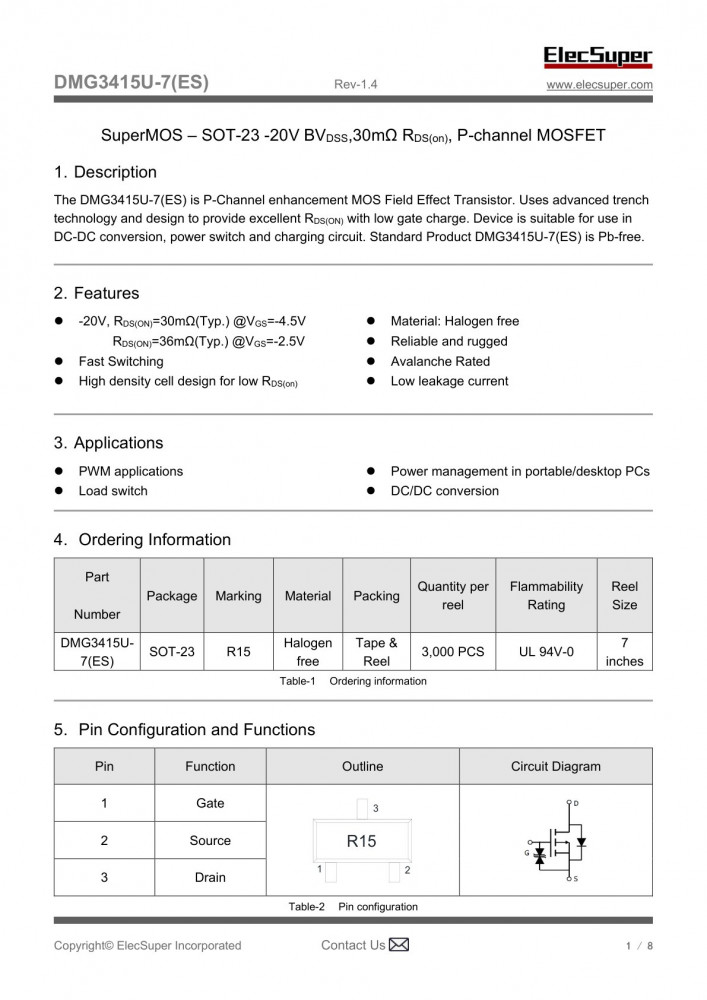 DMG3415U-7(ES) datasheet page 1