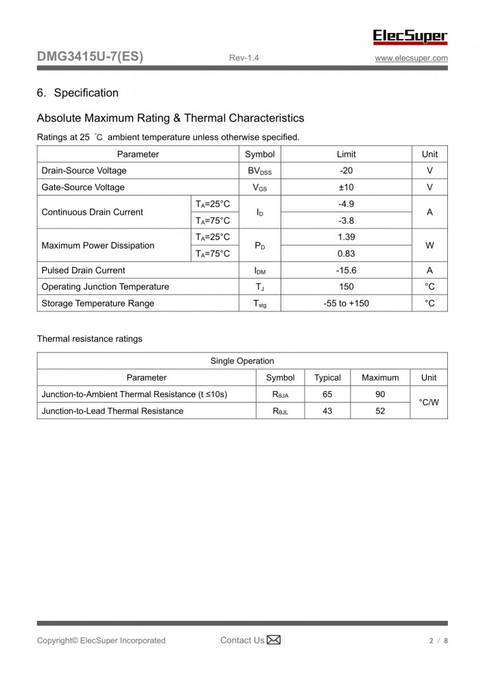 DMG3415U-7(ES) datasheet page 2