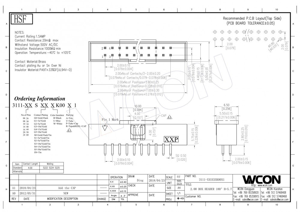 Wcon 3111 series 2.00 mm box header technical drawing