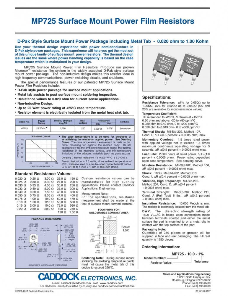 Caddock MP725 official datasheet page