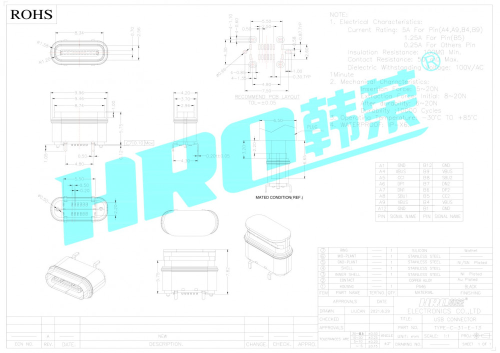TYPE-C-31-E-13 USB connector technical drawing