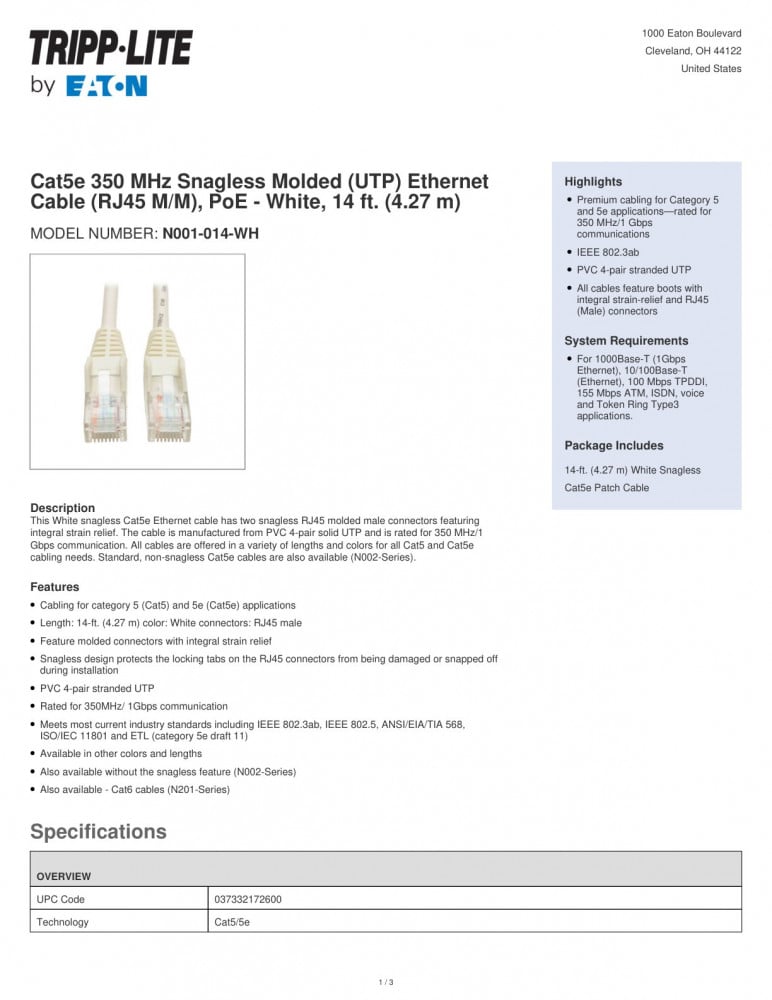 EATON N001-014-WH technical document page 1