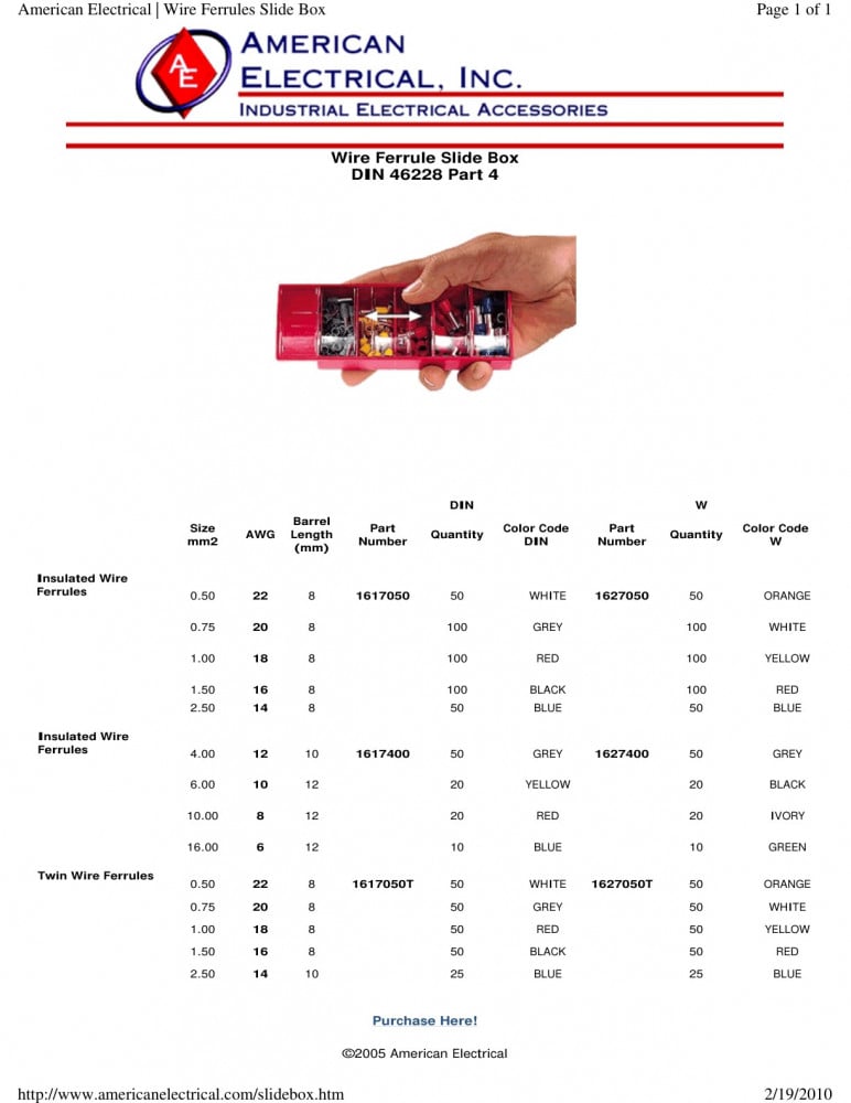 American Electrical wire ferrule slide box document page