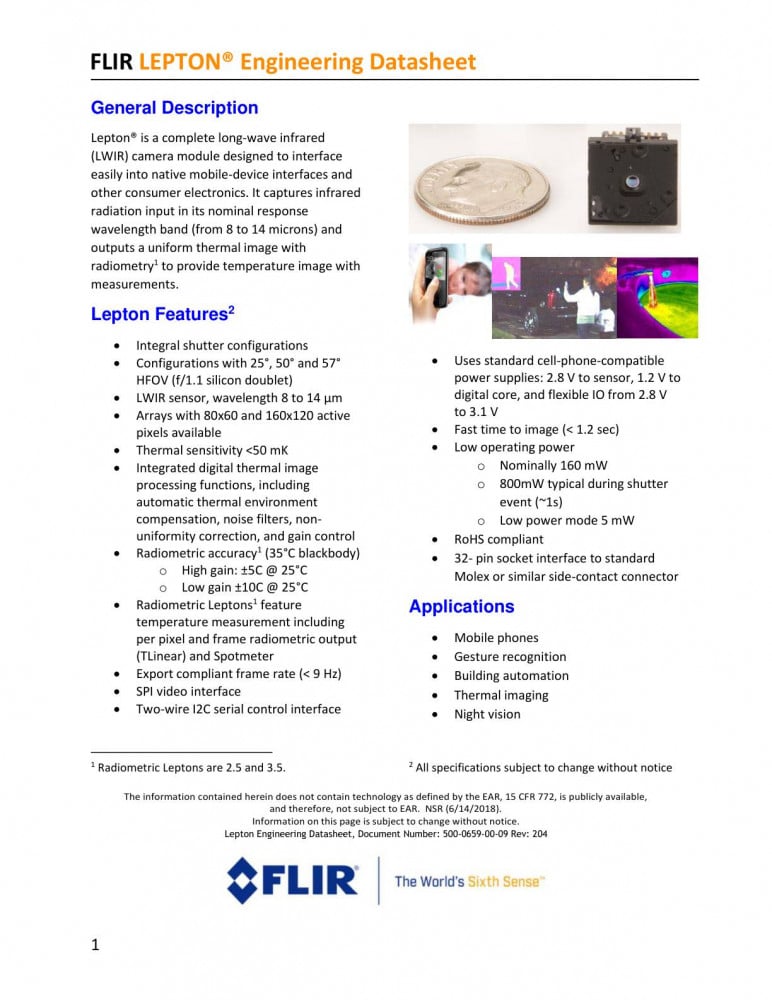 FLIR Lepton datasheet page 1