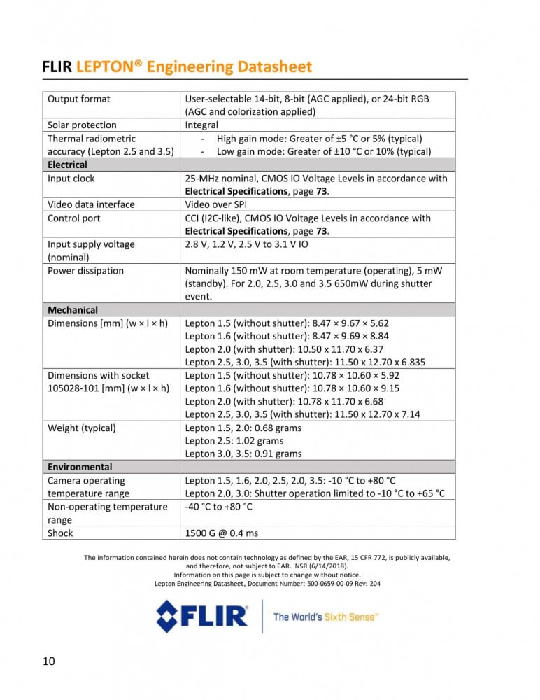 FLIR Lepton datasheet page 10
