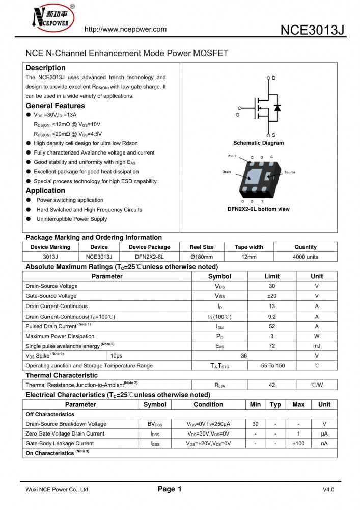 NCE3013J datasheet page 1