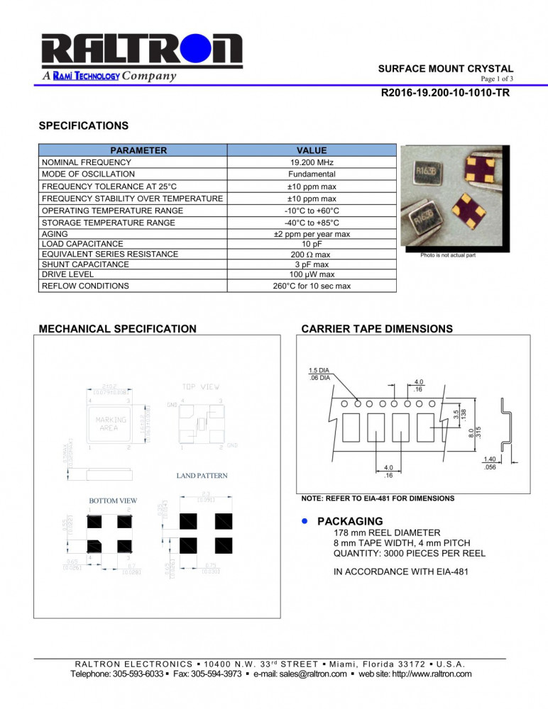 Raltron R2016-19.200-10-1010-TR technical specification page