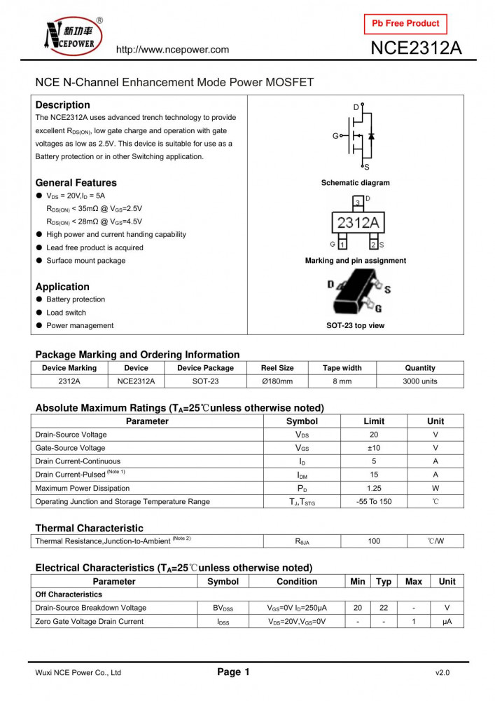 NCE2312A datasheet page 1