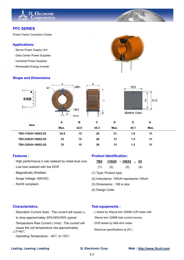 3L COILS PFC series technical document, page 1