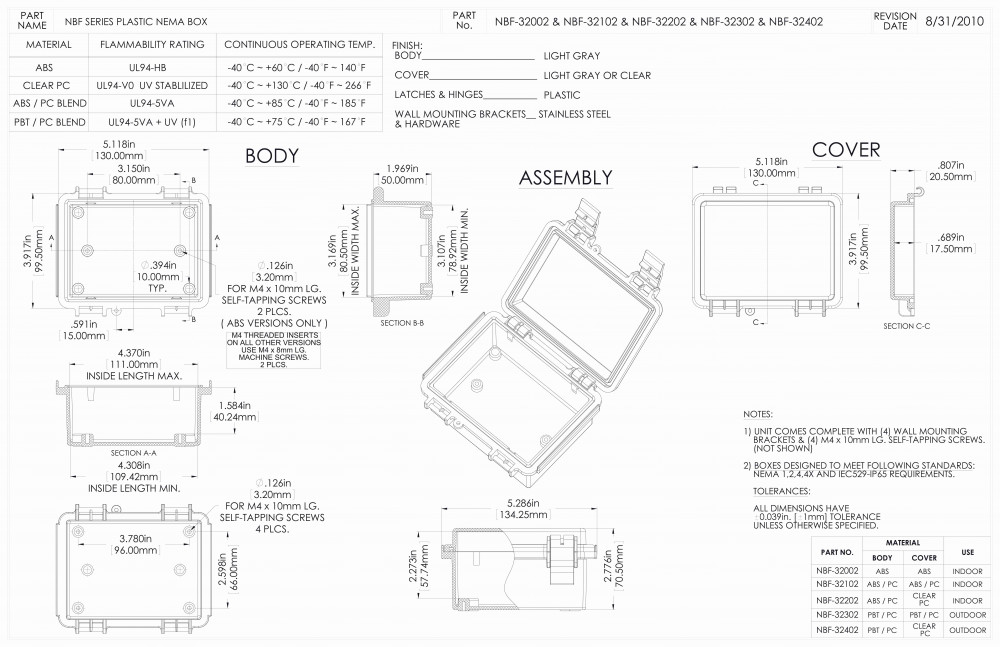 Bud Industries NBF series plastic enclosure product drawing