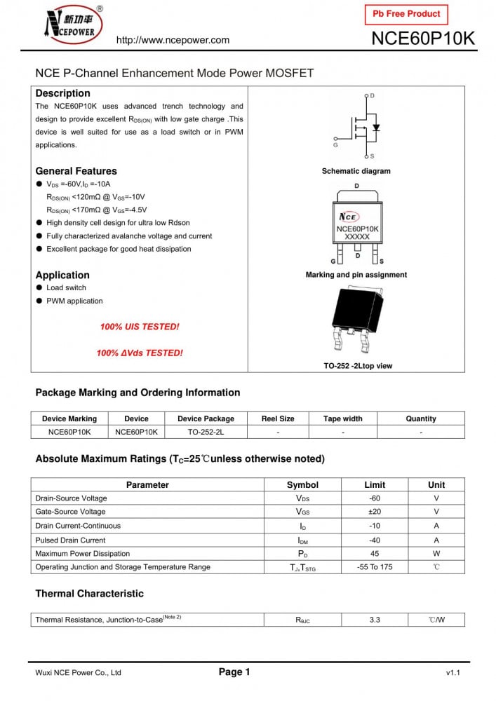 NCE60P10K datasheet page 1
