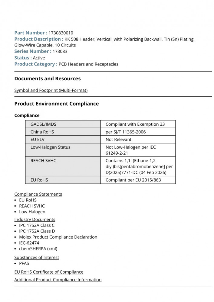 MOLEX 1730830010 technical document page 1